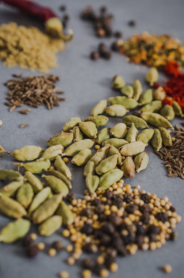 Various Spices on Grey Background. Cooking Stock Image - Image of ...