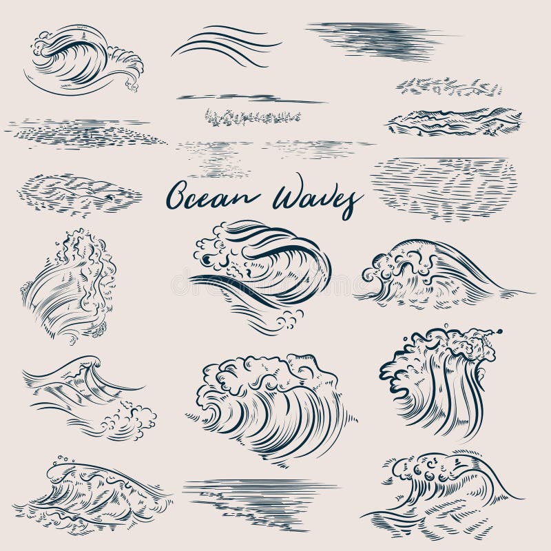 Hand Drawn Ocean Waves Vector Set. Sea Storm Wave Isolated Stock Vector ...
