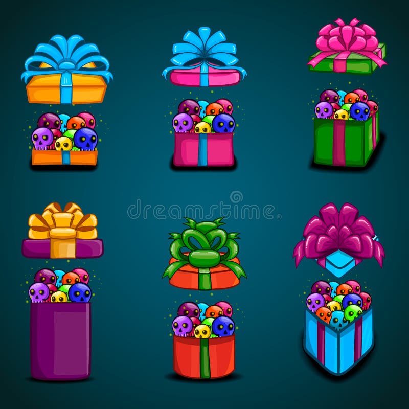 Big Set Open Gift Box with Vector Cartoon Skull Stock Vector ...