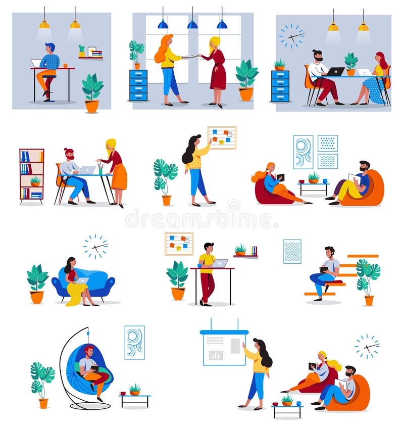 Big Set with People Working in Friendly Open Space Workplace. Coworking ...