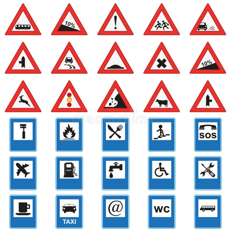 Big Set of Road Signs. Red and Blue Stock Vector - Illustration of ...