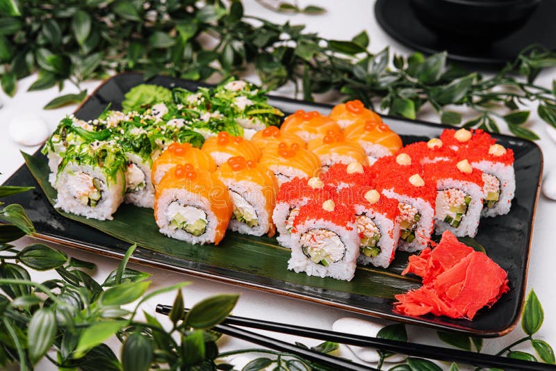 Big Set of Rolls with Wasabi and Pickled Ginger Stock Photo - Image of ...