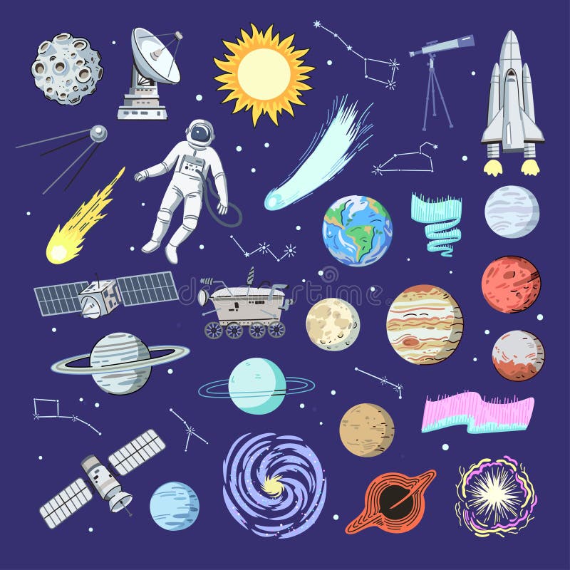 Big Set of Space Elements, Planets, Rocket, Satellites and Telescope ...