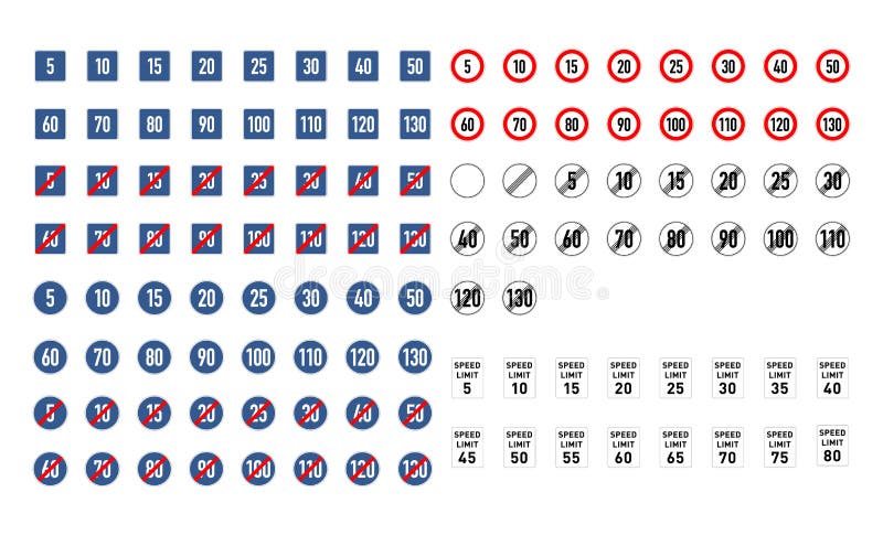 Big Set of Speed Limit Different Road Signs on White Stock Illustration ...