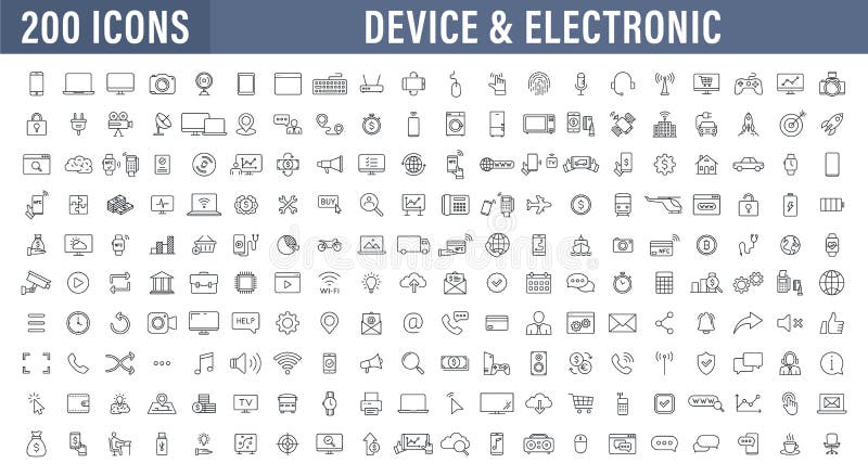 Big Set of 200 Technology and Electronics and Devices Web Icons in Line ...