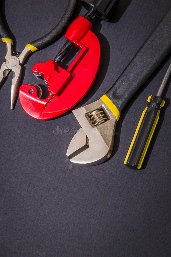 Big Set of Tools on Black Background Prepared by the Master before ...