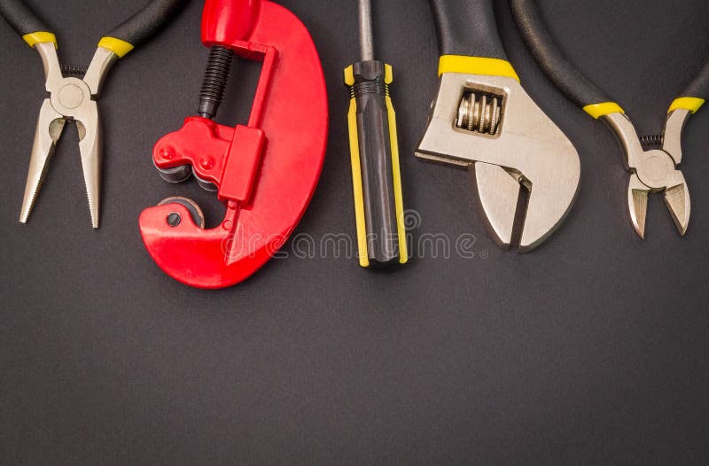 Big Set of Tools on Black Background Prepared by the Master before ...