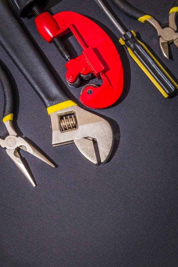 Big Set of Tools on Black Background Prepared by the Master before ...