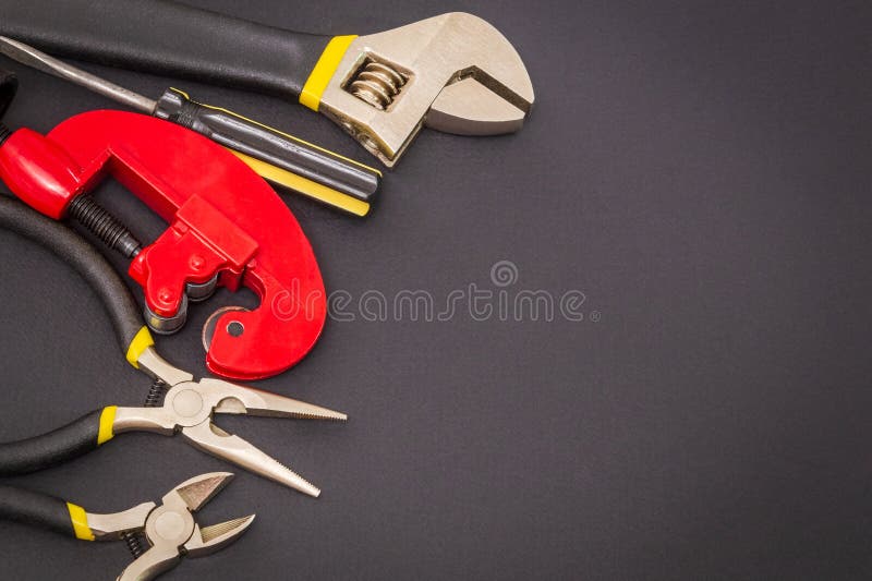 Big Set of Tools on Black Background Prepared by the Master before ...