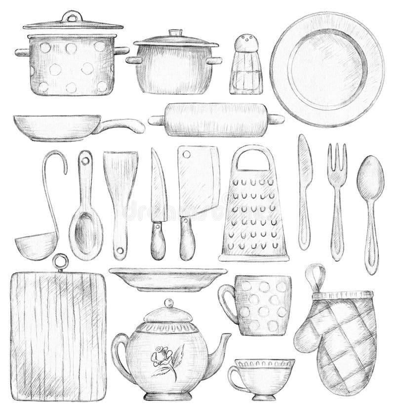 Big Set with Various Kitchenware and Tableware Stock Illustration ...