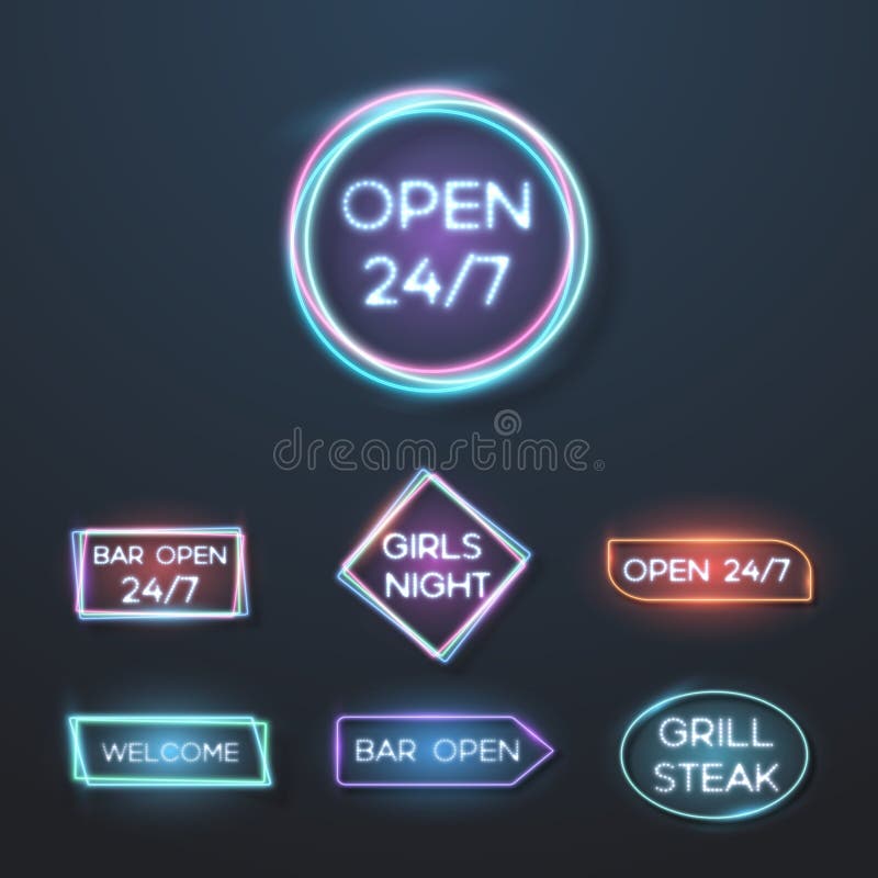 Big Set of Vector Neon Sign Plates Stock Vector - Illustration of hours ...