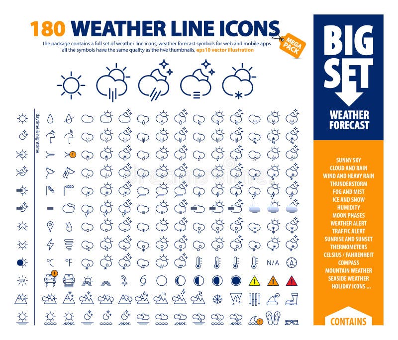 Big Set of 180 Weather Icons Stock Vector - Illustration of forecast ...