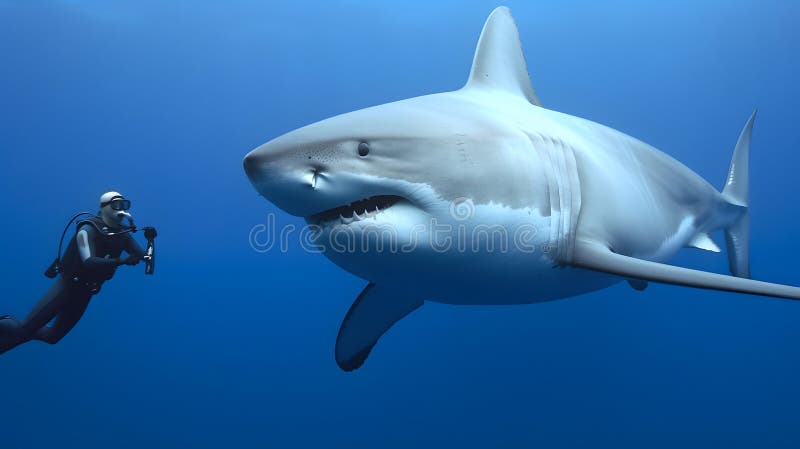 Big Shark and Diver at Deep Ocean. Underwater Adventure Stock ...