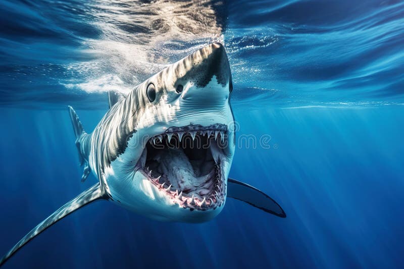 Big Shark with Mouth Wide Open and Sharp Teeth Swims Just Below the ...