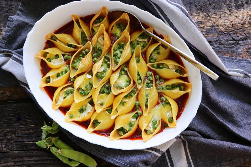 Big Shell Pasta Stuffed with Cheese, Pea Stock Image - Image of sauce ...