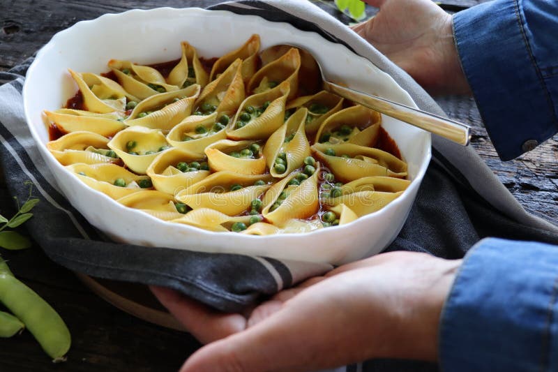 Big Shell Pasta Stuffed with Cheese, Pea Stock Photo - Image of ...