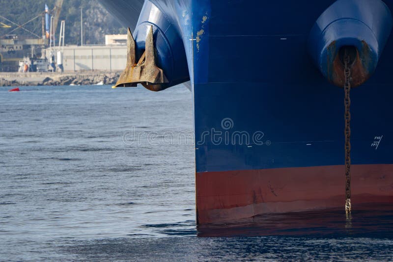 Big Ship with Anchors Prow Detail Outside the Harbor Stock Photo ...