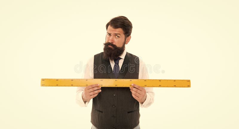 Big Size. Measure and Control. Bearded Man with Ruler Isolated on White ...