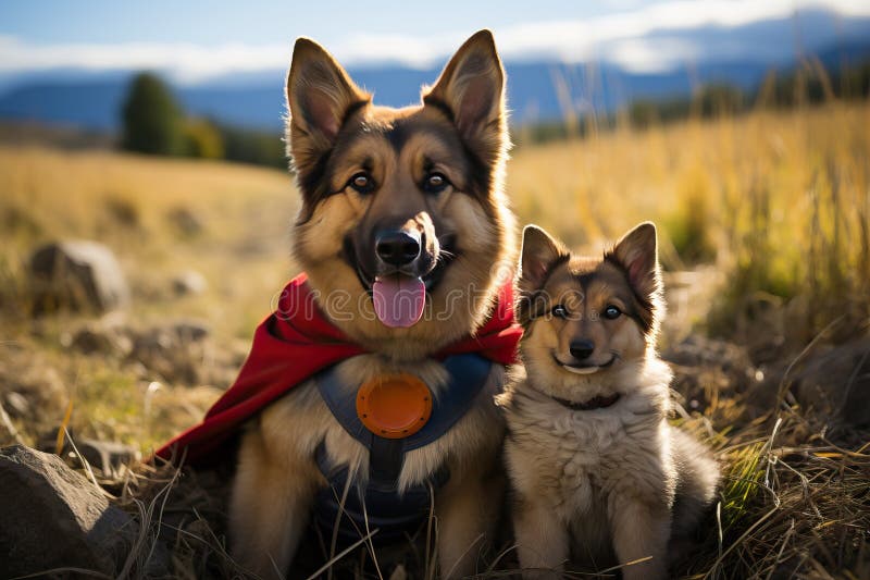 Big and Small German Shepherd Dogs in the Field. Stock Image - Image of ...