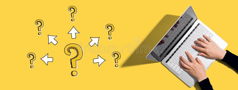 Big and Small Question Marks with Arrows with Person Using Laptop Stock ...