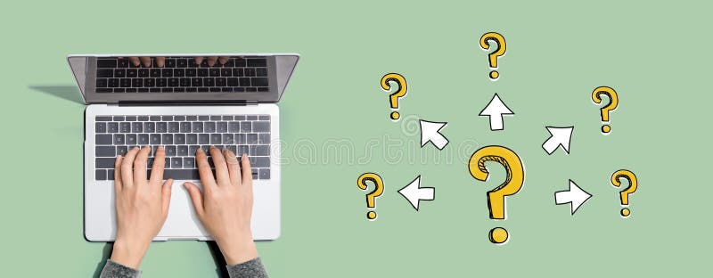 Big and Small Question Marks with Arrows with Person Using Laptop ...