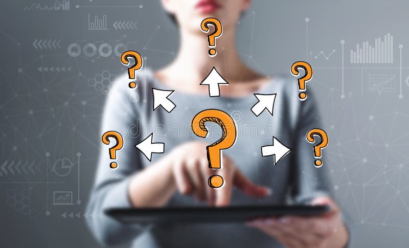 Big and Small Question Marks with Arrows with Woman Using a Tabl Stock ...