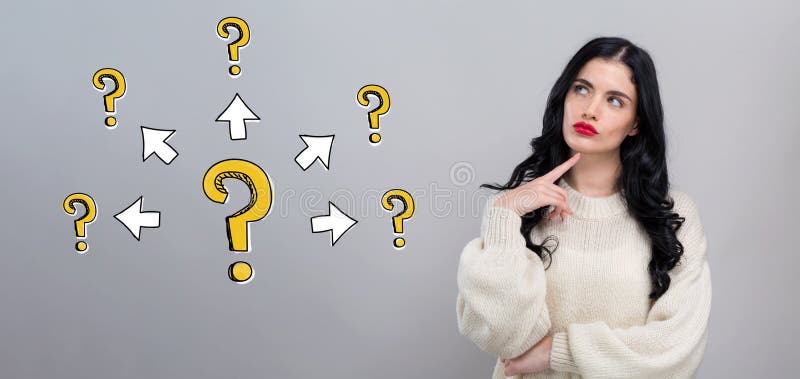 Big and Small Question Marks with Arrows with Young Woman Stock Image ... Big and Small Question Marks with Arrows with Young Woman Stock Image ...