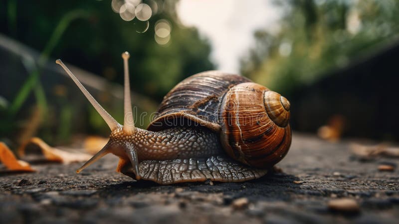 Big Snail in Shell Crawling on Road, Summer Day in Garden, Generative ...