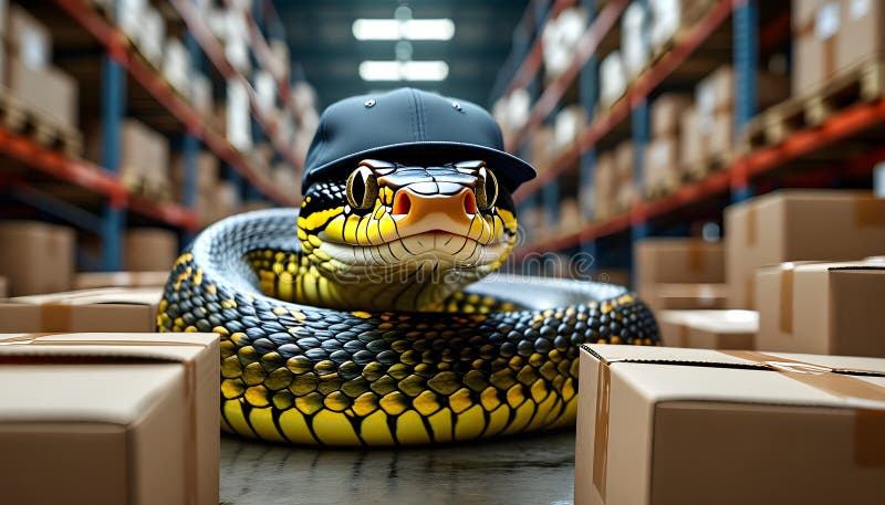 Big Snake in a Cap in a Warehouse with Boxes Stock Illustration ...
