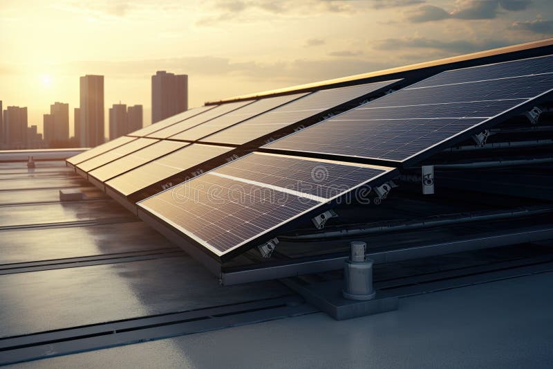 Big Solar Panels on Top of a Building in Sunset. Generative AI Stock ...