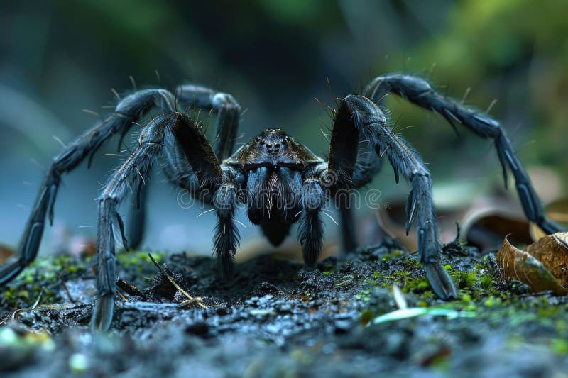 A Big Spider is Sitting on the Ground in a Dense Forest, Looking Around ...