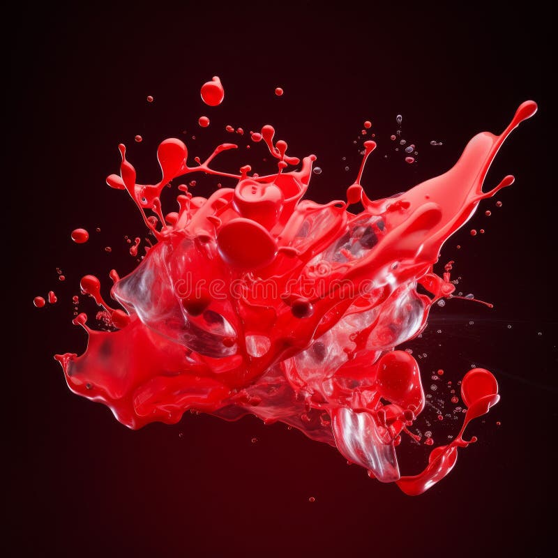 Big Splash of Satiny Red and Translucent Paint with Many Tiny Drops on ...