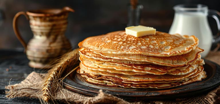 Big Stack of Homemade Crepes or Thin Crepes with Butter in Rustic Style ...