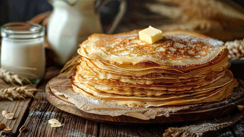 Big Stack of Homemade Crepes or Thin Crepes with Butter in Rustic Style ...
