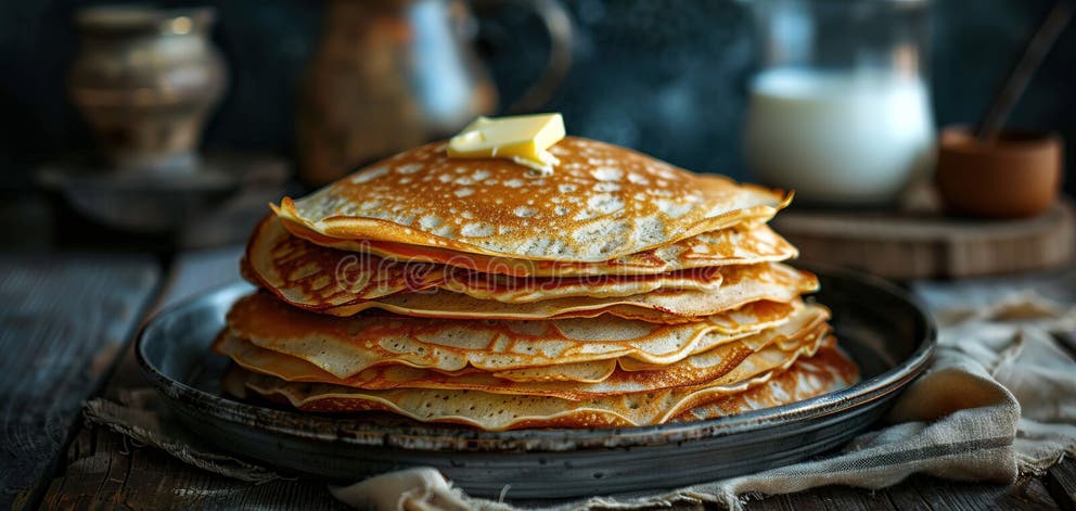 Big Stack of Homemade Crepes or Thin Crepes with Butter in Rustic Style ...