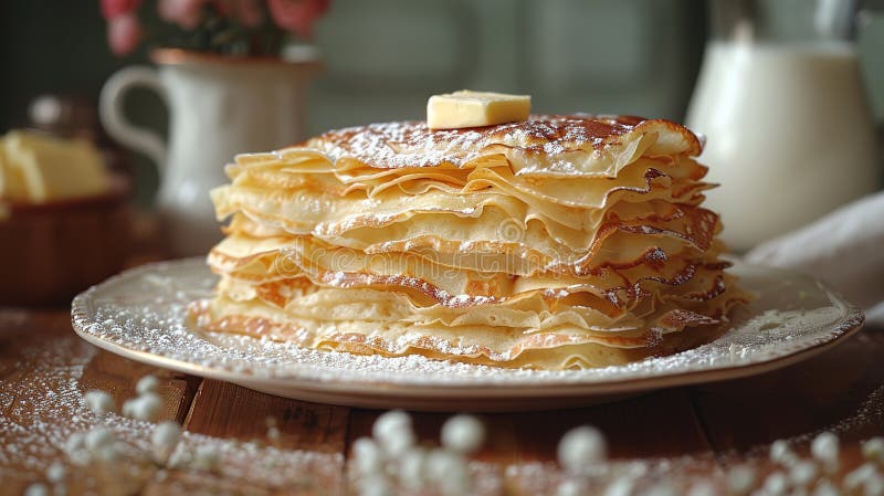 Big Stack of Homemade Crepes or Thin Crepes with Butter in Rustic Style ...