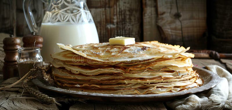 Big Stack of Homemade Crepes or Thin Crepes with Butter in Rustic Style ...