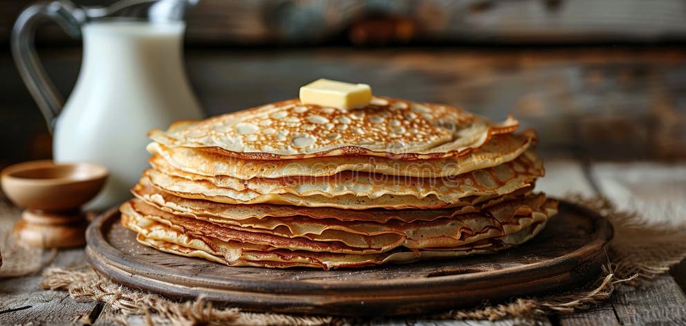 Big Stack of Homemade Crepes or Thin Crepes with Butter in Rustic Style ...