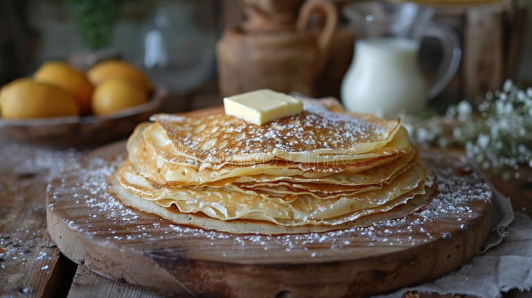 Big Stack of Homemade Crepes or Thin Crepes with Butter in Rustic Style ...