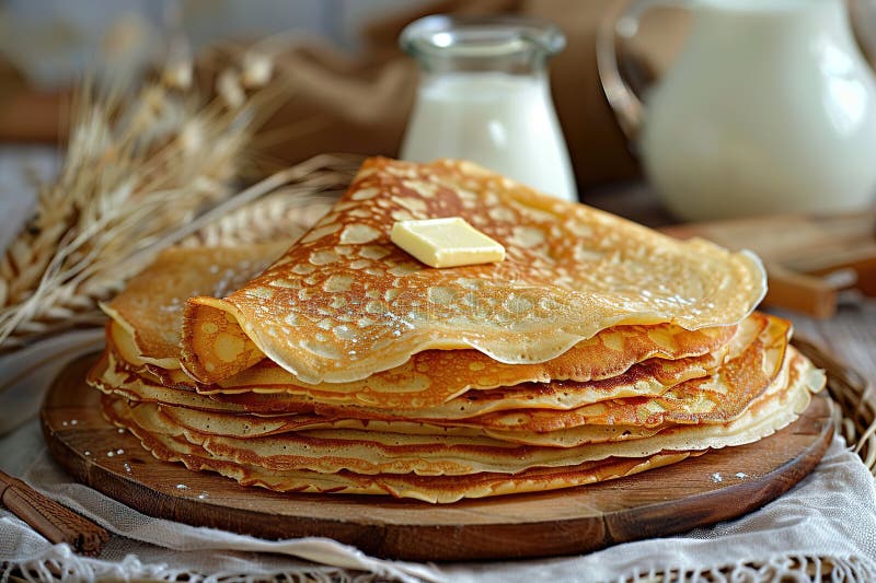 Big Stack of Homemade Crepes or Thin Crepes with Butter in Rustic Style ...