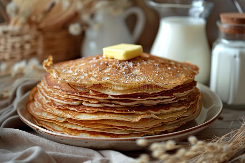 Big Stack of Homemade Crepes or Thin Crepes with Butter in Rustic Style ...