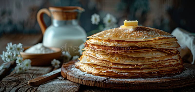 Big Stack of Homemade Crepes or Thin Crepes with Butter in Rustic Style ...