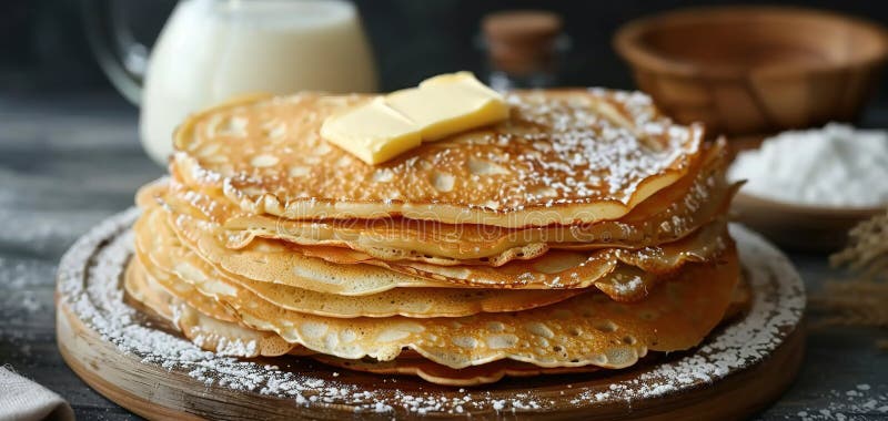 Big Stack of Homemade Crepes or Thin Crepes with Butter in Rustic Style ...