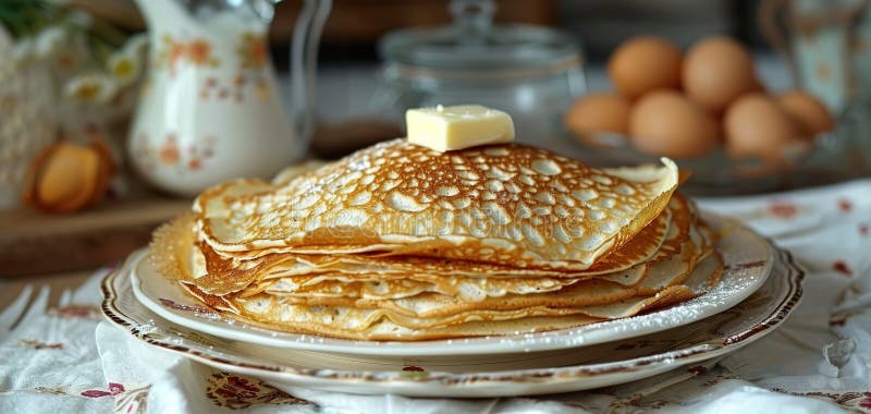 Big Stack of Homemade Crepes or Thin Crepes with Butter in Rustic Style ...