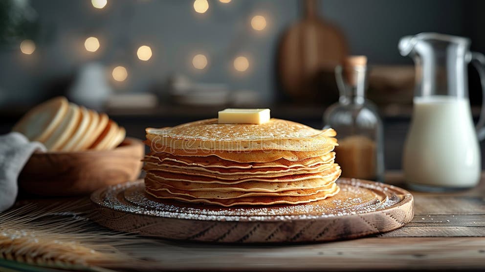 Big Stack of Homemade Crepes or Thin Crepes with Butter in Rustic Style ...