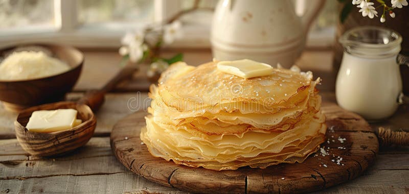 Big Stack of Homemade Crepes or Thin Crepes with Butter in Rustic Style ...