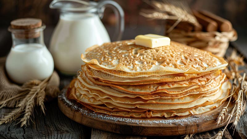Big Stack of Homemade Crepes or Thin Crepes with Butter in Rustic Style ...