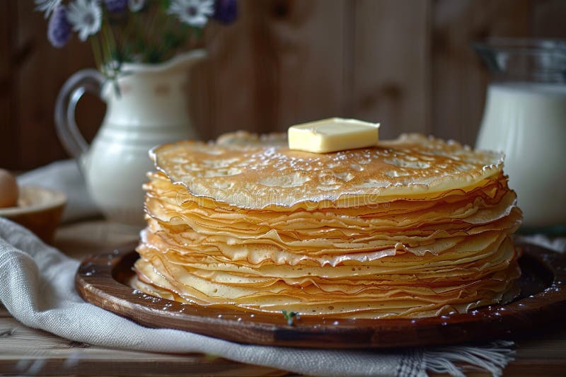 Big Stack of Homemade Crepes or Thin Crepes with Butter in Rustic Style ...