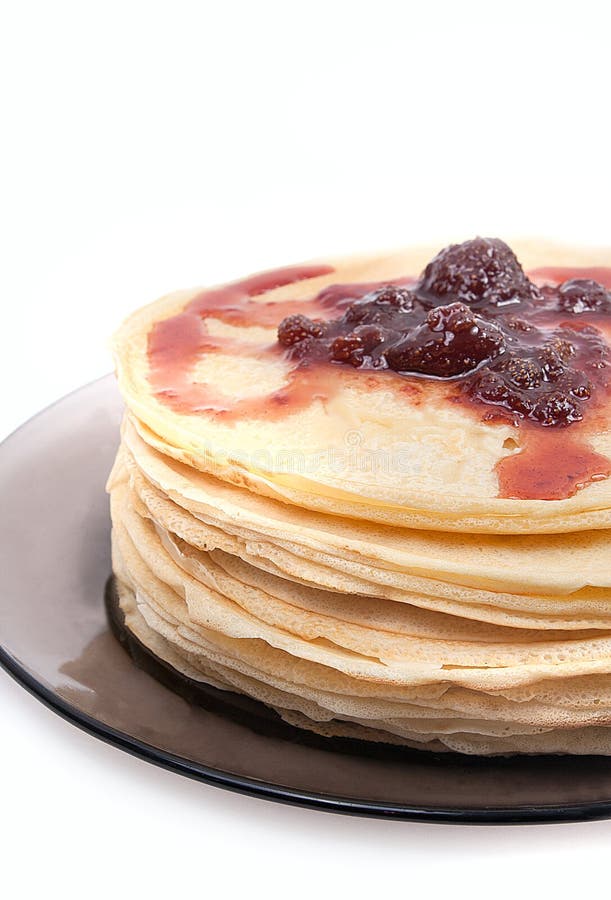 Big Stack of Pancakes with Strawberry Jam Isolated on White Stock Image ...