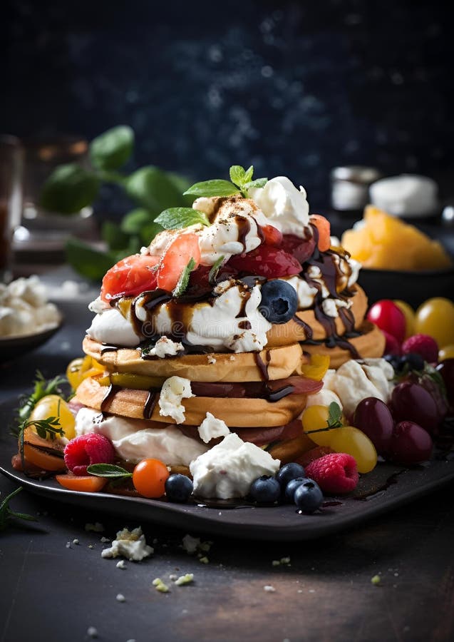 A Big Stack of Pancakes with Syrup on Top and Mixed Fruit Stock ...